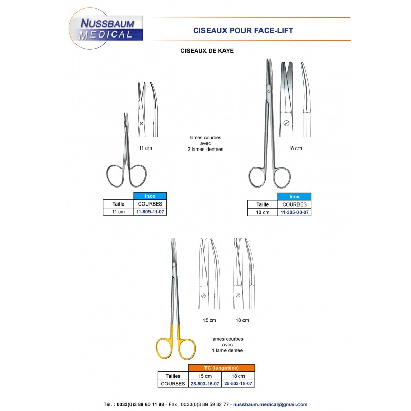 Ciseaux de Kaye TC 18 cm avec 1 lame dentée pour facelift